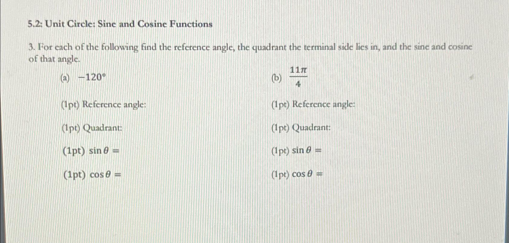 Solved 5 2 Unit Circle Sine And Cosine Functions3 ﻿for