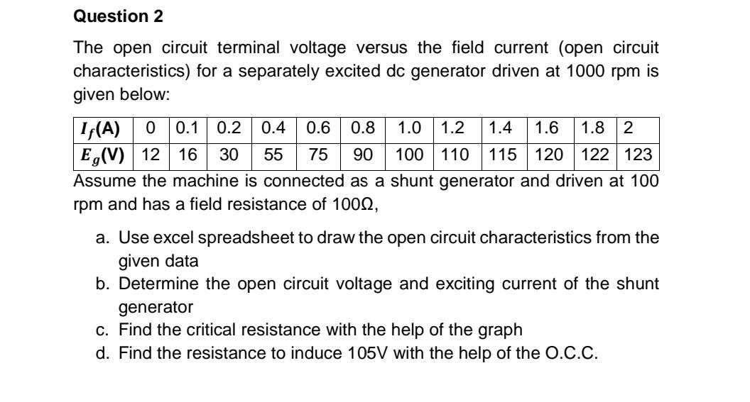 Solved Question 2 The open circuit terminal voltage versus | Chegg.com