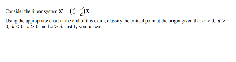 Solved Consider the linear system x'=([a,b],[c,d])x.Using | Chegg.com