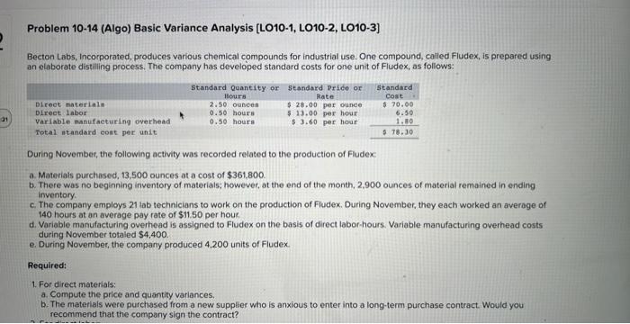 Solved Problem 10-14 (Algo) Basic Variance Analysis [LO10-1, | Chegg.com