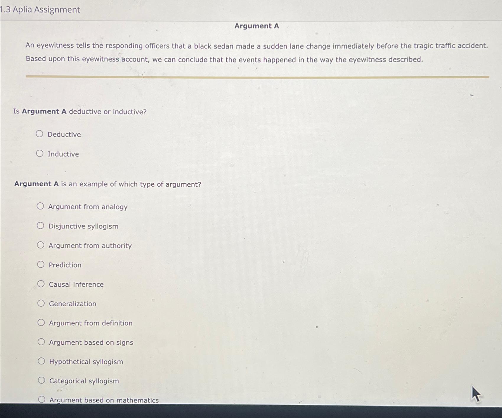Solved . 3 ﻿Aplia AssignmentArgument AAn eyewitness tells | Chegg.com