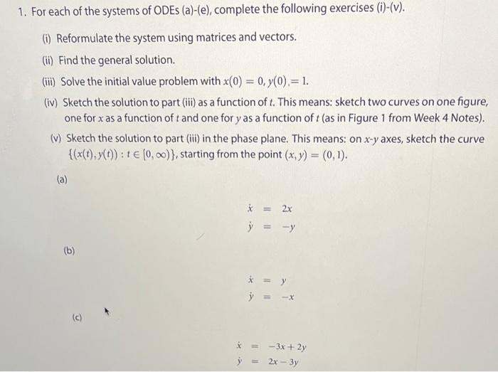 Solved 1. For each of the systems of ODEs (a)-(e), complete | Chegg.com