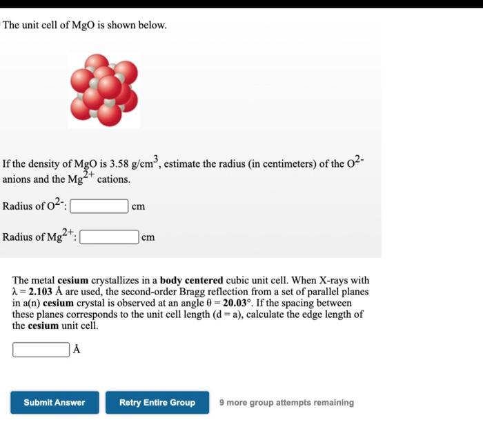 Solved The unit cell of MgO is shown below. If the density | Chegg.com
