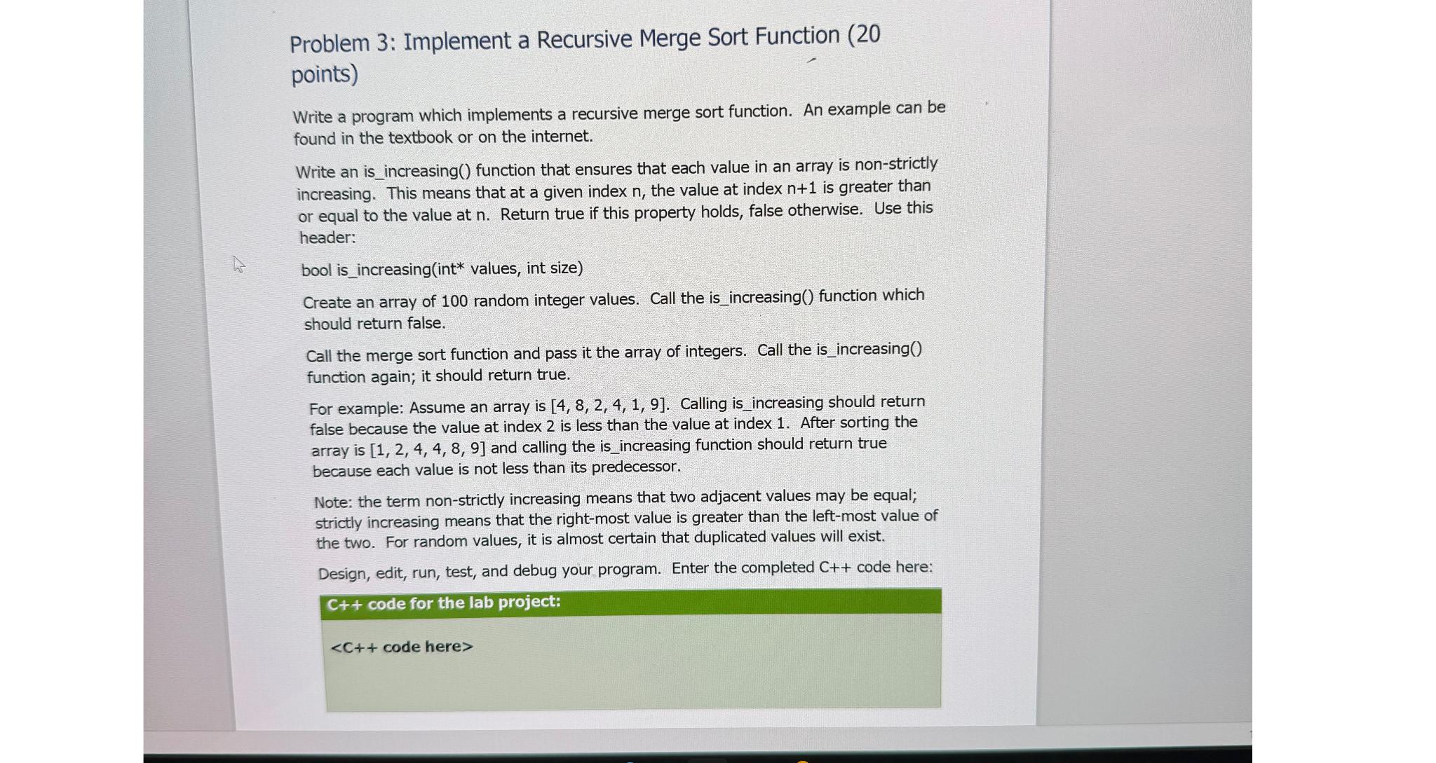Solved Problem 3 Implement A Recursive Merge Sort Function