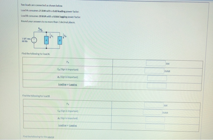 Solved Two loads are connected as shown below. Load A | Chegg.com