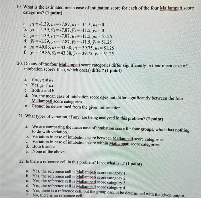 Solved 19. What is the estimated mean ease of intubation | Chegg.com