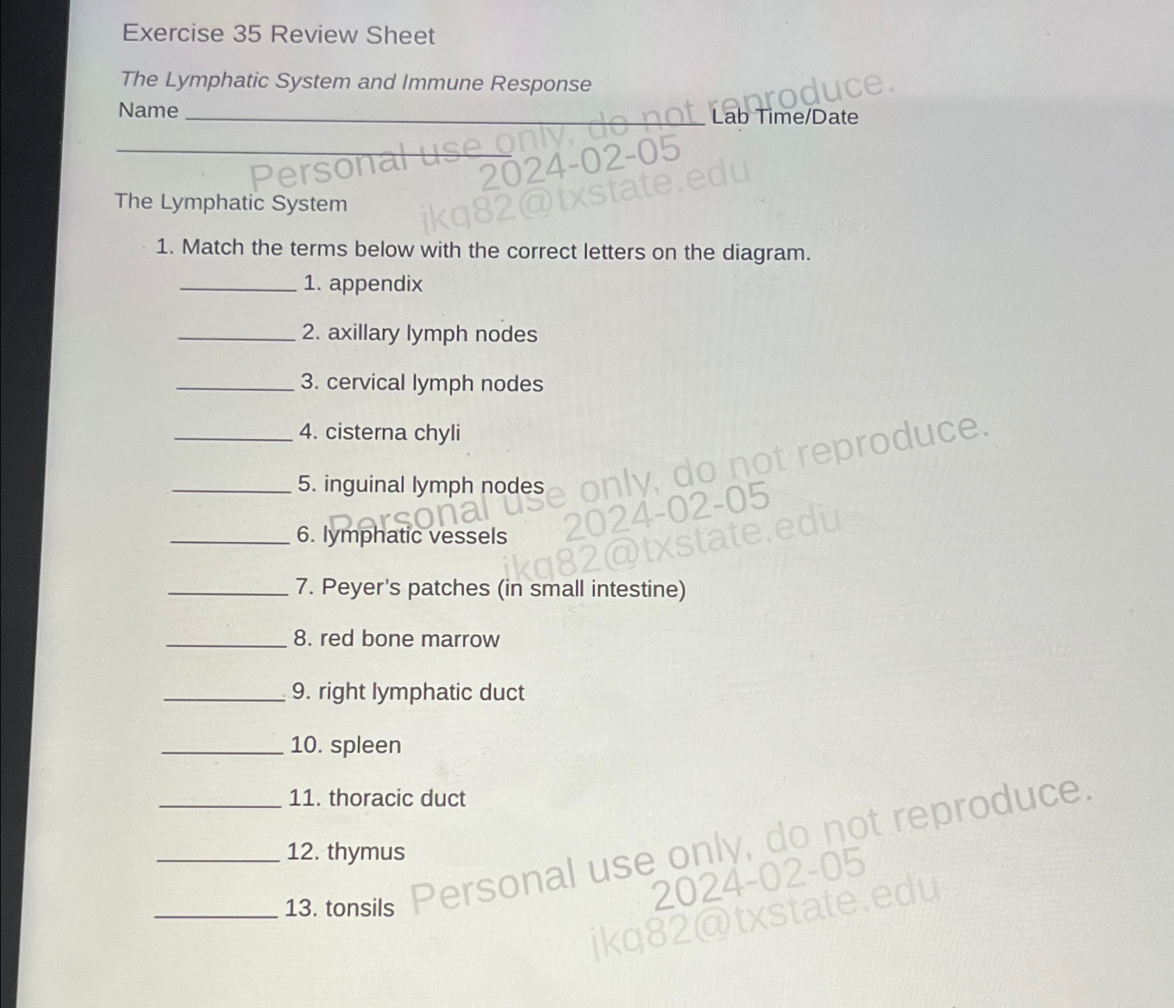 Solved Exercise 35 ﻿Review SheetThe Lymphatic System and | Chegg.com