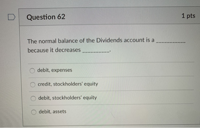 Solved Question 62 1 pts The normal balance of the Dividends | Chegg.com