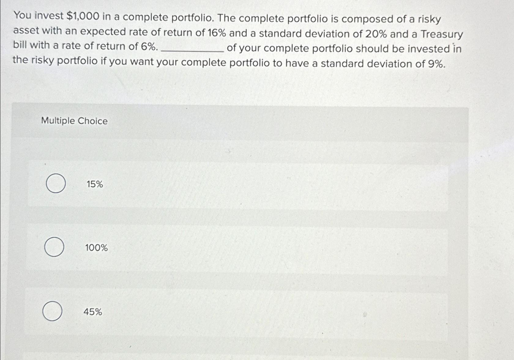 Solved You invest $1,000 ﻿in a complete portfolio. The | Chegg.com