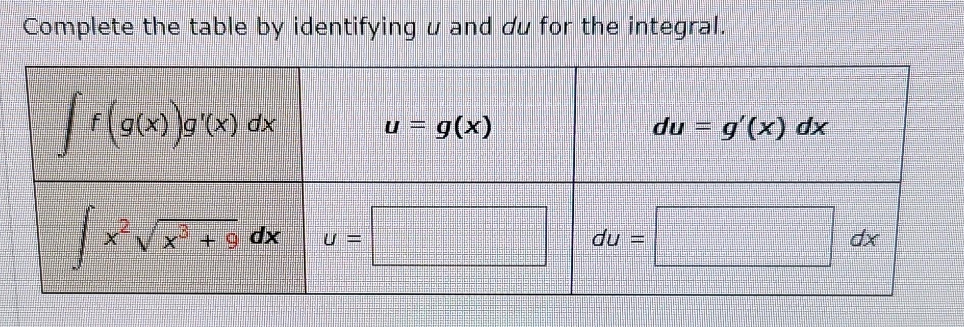 Solved Complete the table by identifying u and du for the | Chegg.com