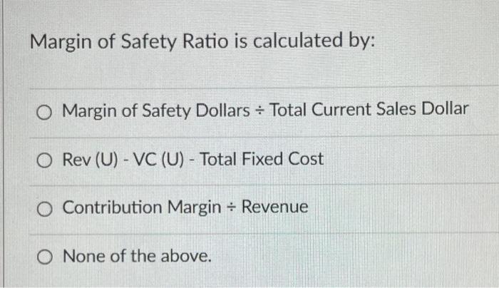 Solved Margin of Safety Ratio is calculated by: O Margin of | Chegg.com