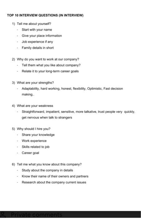 TOP 10 INTERVIEW QUESTIONS (IN INTERVIEW) 1) Tell me | Chegg.com