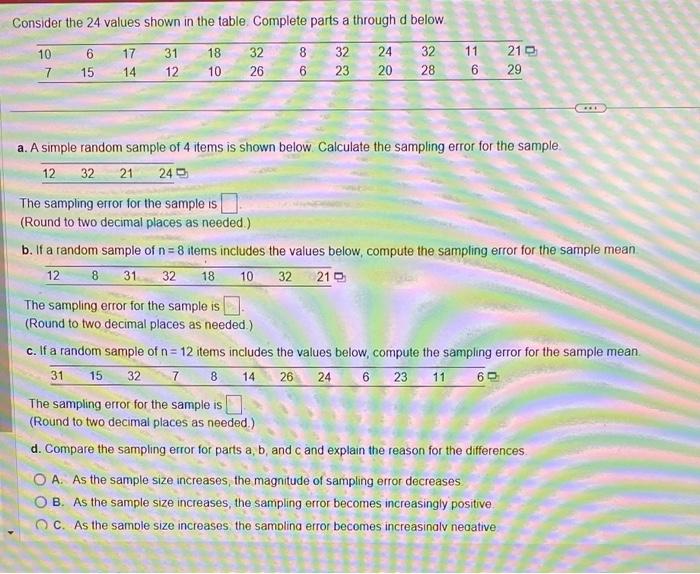 Solved Consider the 24 values shown in the table. Complete | Chegg.com