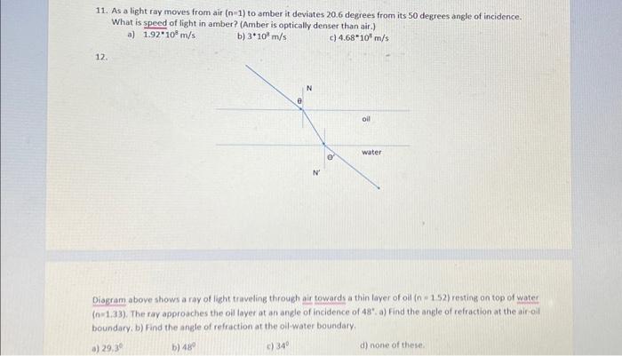 11. As a light ray moves from air (n=1) to amber it | Chegg.com