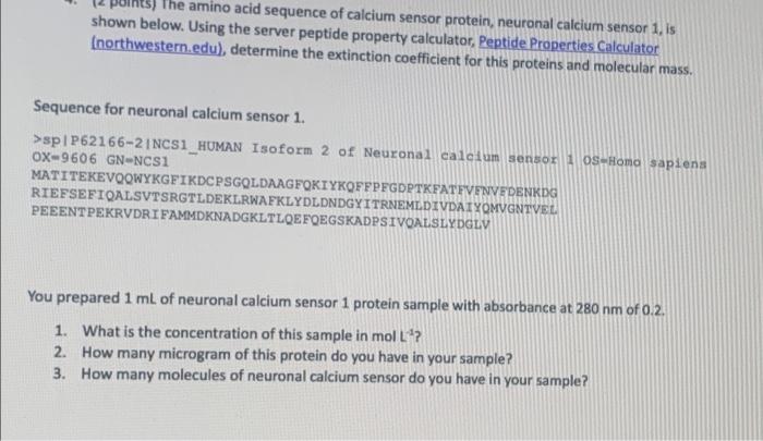 The amino acid sequence of calcium sensor protein, | Chegg.com
