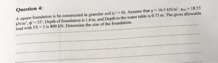Solved Question 4: A square foundation is be constructed in | Chegg.com