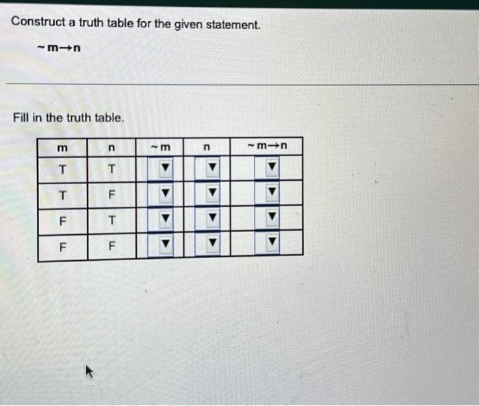 Solved Construct a truth table for the given statement. ∼m→n | Chegg.com