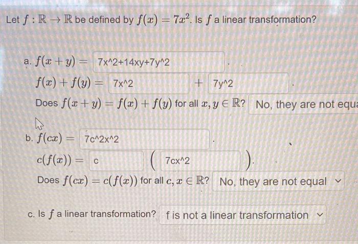 Solved Let f:R→R be defined by f(x)=7x2. Is f a linear | Chegg.com
