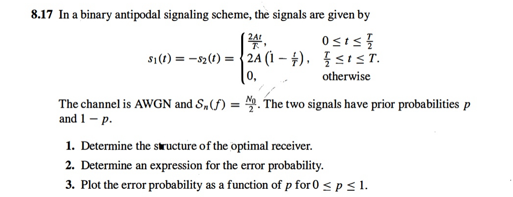 Solved 8.17 ﻿In a binary antipodal signaling scheme, the | Chegg.com