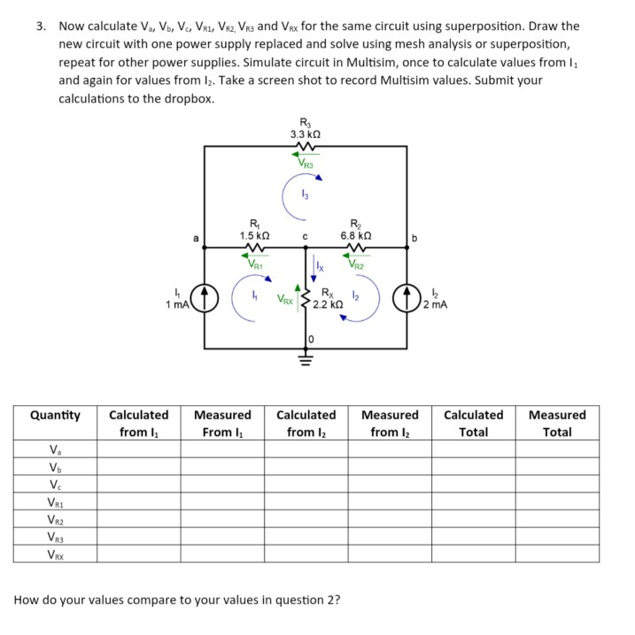 Solved 3. Now calculate V, V, V, VR, VR2, VR3 and VRx for | Chegg.com