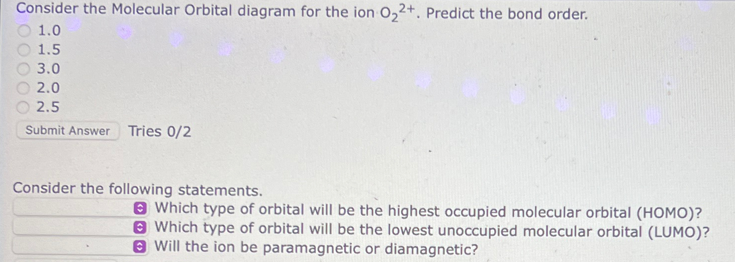 Solved Consider the Molecular Orbital diagram for the ion | Chegg.com