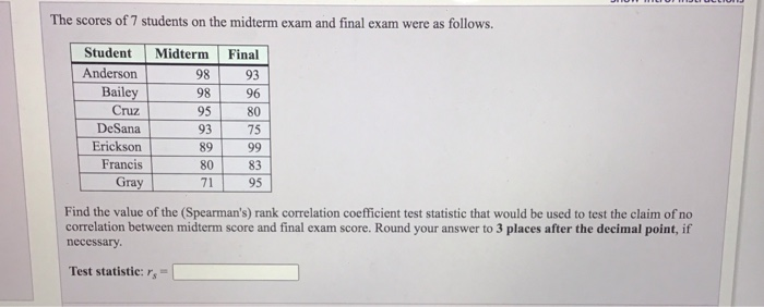 Solved The scores of 7 students on the midterm exam and | Chegg.com