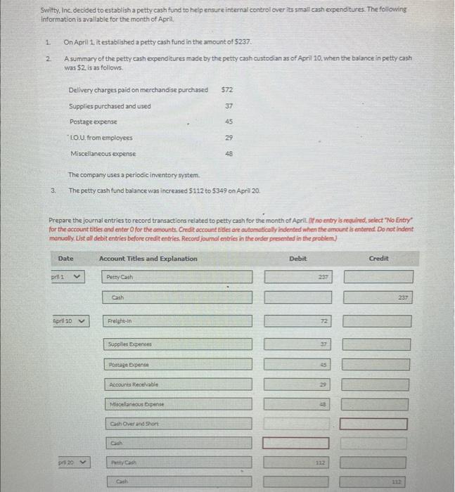 Solved Swifty, inc. decided to establish a petty cash fund | Chegg.com