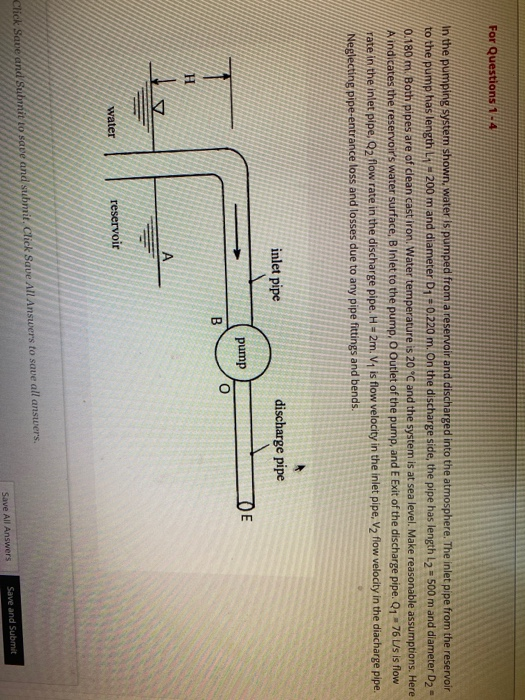 Solved For Questions 1-4 In the pumping system shown, water | Chegg.com
