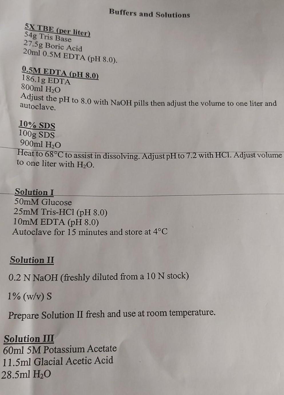 Buffers and Solutions 5X TBE (per liter) 54g Tris | Chegg.com