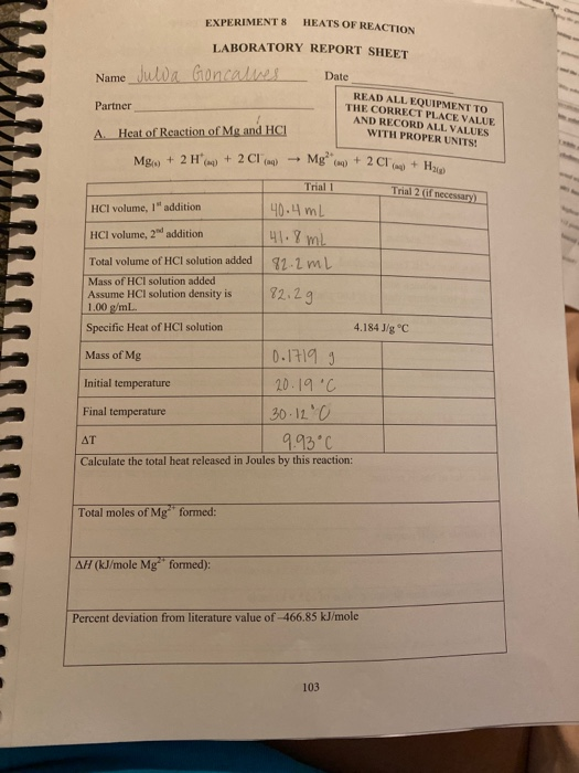 Solved EXPERIMENT 8 HEATS OF REACTION LABORATORY REPORT | Chegg.com