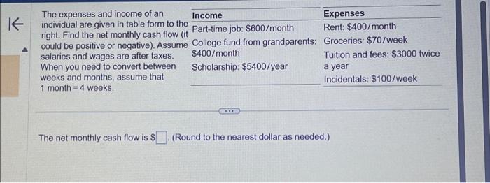 Solved K The expenses and income of an individual are given | Chegg.com