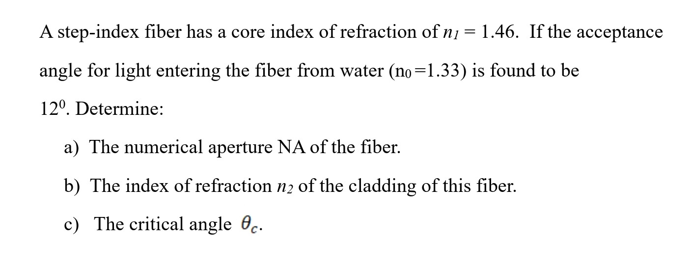 Solved A step-index fiber has a core index of refraction of | Chegg.com