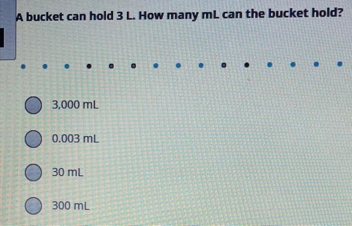 Solved A bucket can hold 3 L. How many mL can the bucket | Chegg.com