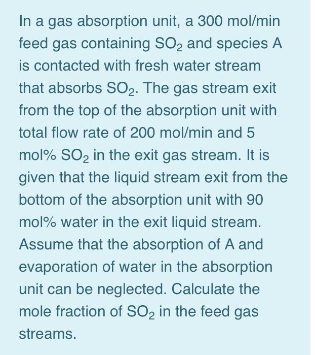 Solved In a gas absorption unit, a 300 mol/min feed gas | Chegg.com