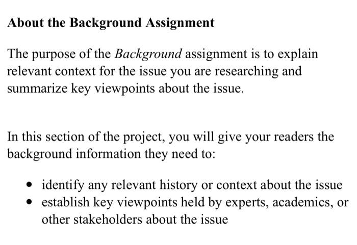 Solved About the Background Assignment The purpose of the | Chegg.com