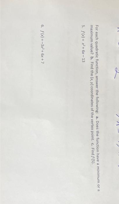 Solved For each quadratic function, answer the following: a. | Chegg.com