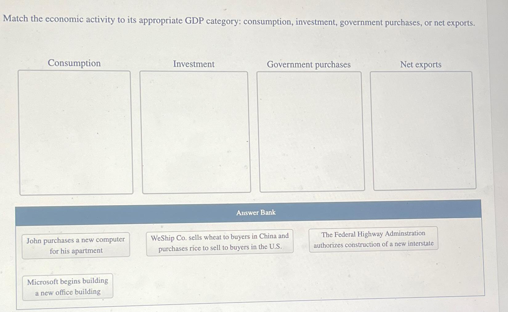 Solved Match the economic activity to its appropriate GDP | Chegg.com
