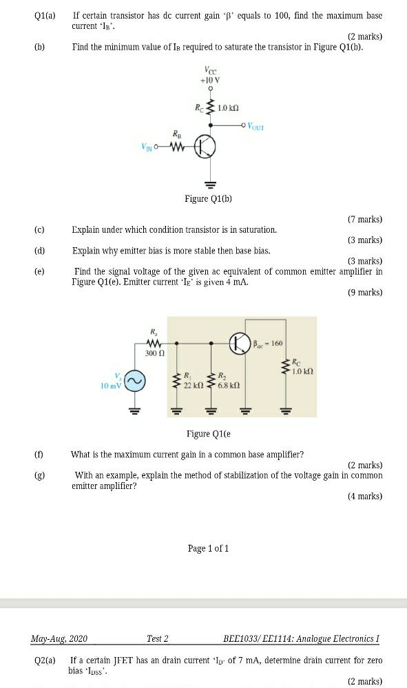 Solved Q1(a) If certain transistor has dc current gain 'B' | Chegg.com