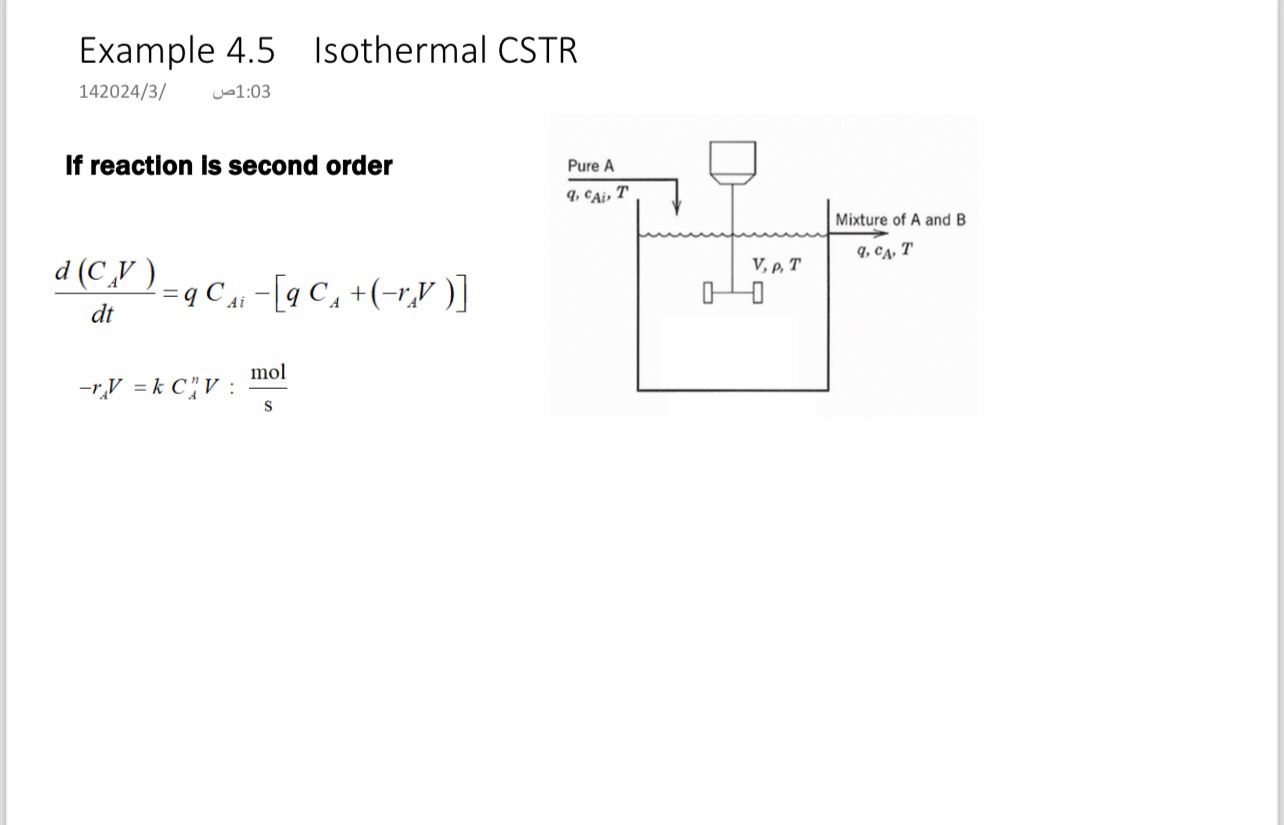 Solved Example 4.5 ﻿Isothermal CSTR1420243??1:03If reaction | Chegg.com