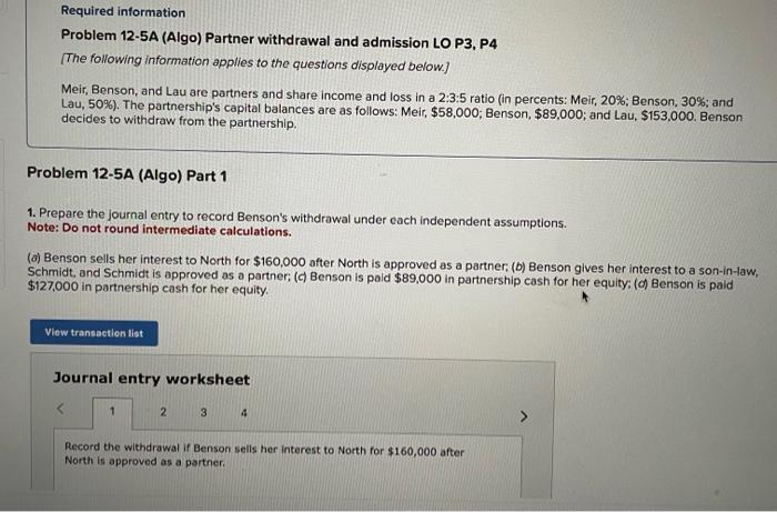 Solved Problem 12-5A (Algo) Partner withdrawal and admission | Chegg.com