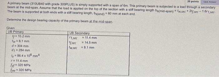 Solved 20 points A primary beam (310UB40 with grade 300PLUS) | Chegg.com
