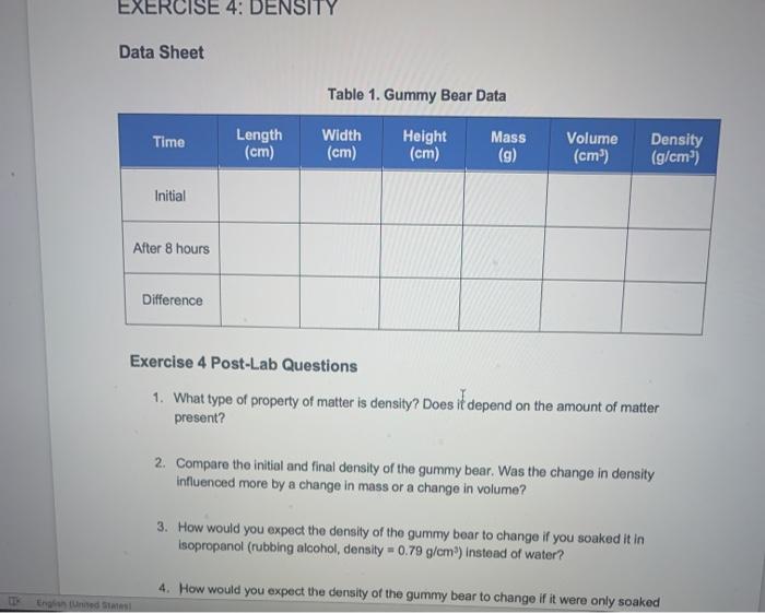 EXERCISE 4: DENSITY Data Sheet Table 1. Gummy Bear | Chegg.com