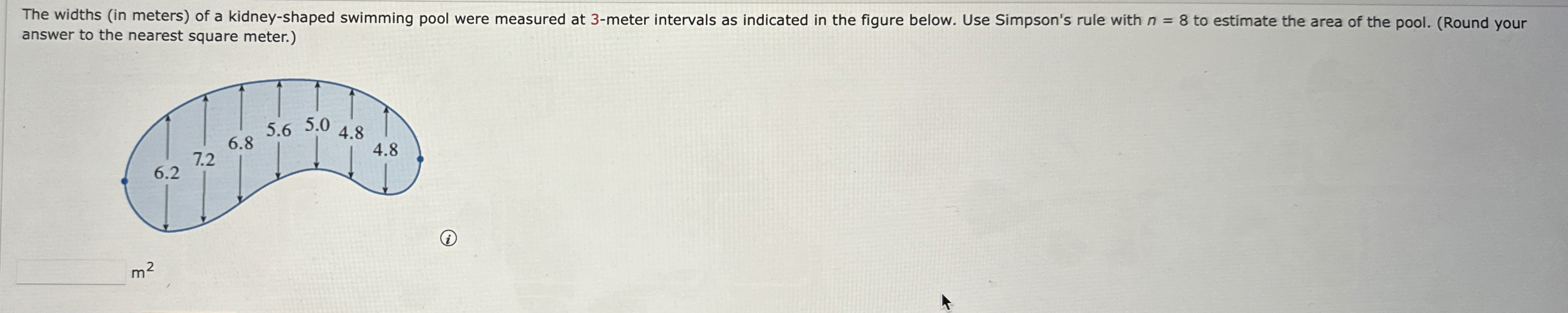 Solved The widths (in meters) ﻿of a kidney-shaped swimming | Chegg.com