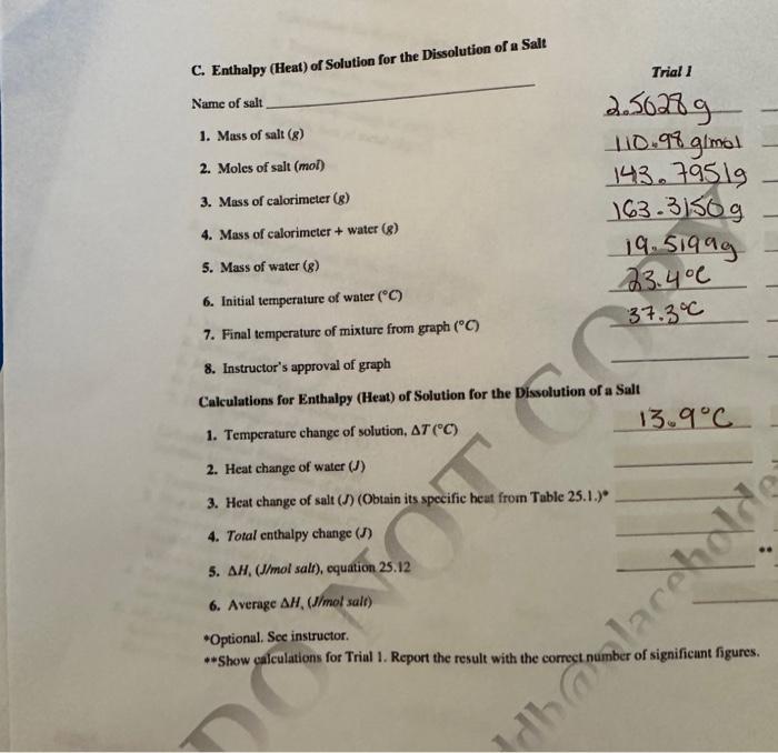 Solved C. Enthalpy (Heat) of Solution for the Dissolution of | Chegg.com