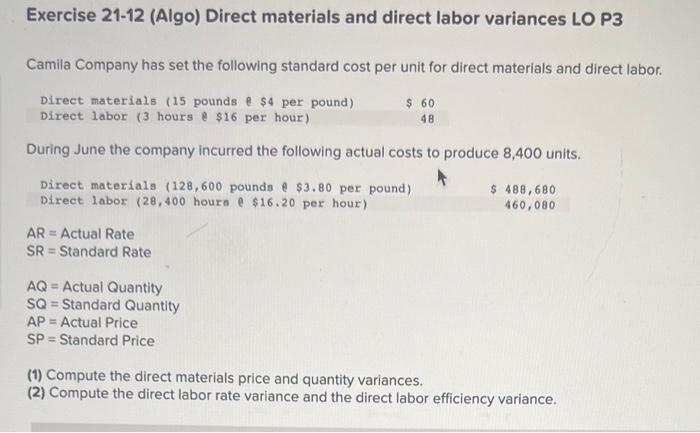 Solved Exercise 21-12 (Algo) Direct materials and direct | Chegg.com