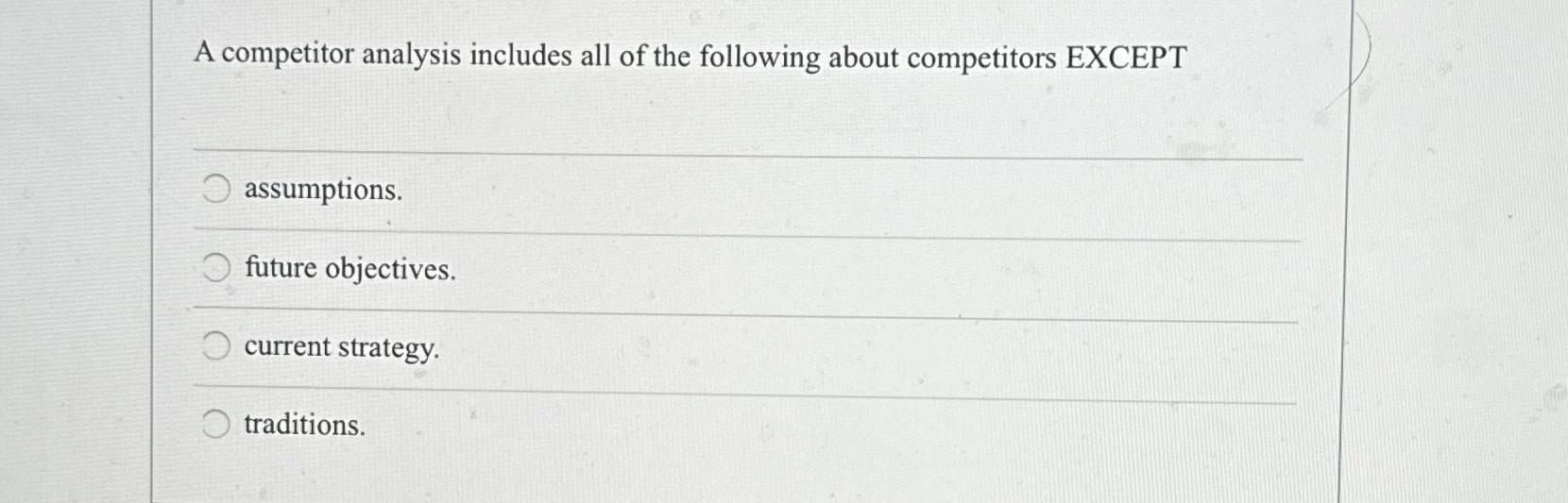 Solved A competitor analysis includes all of the following | Chegg.com