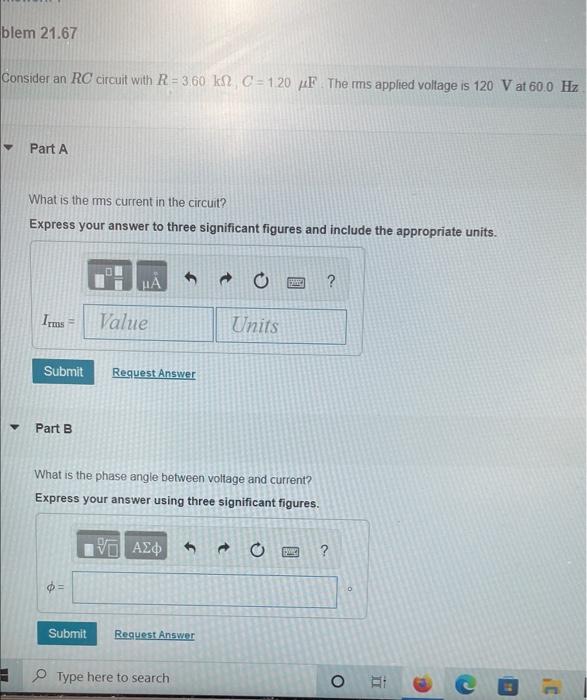 Solved blem 21.67 Consider an RC circuit with R = 3.60 kN | Chegg.com