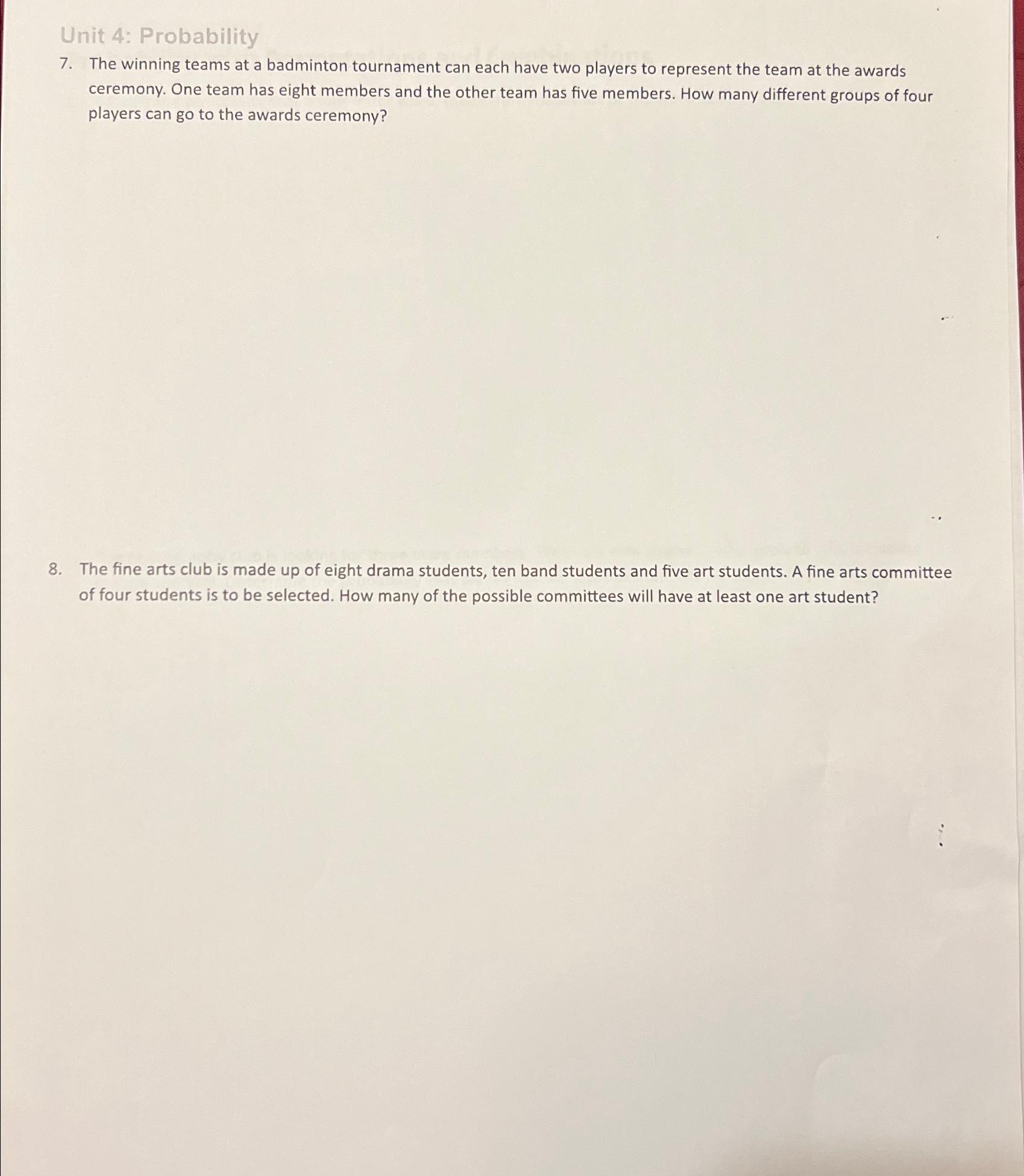 Solved Unit 4: Probability7. ﻿The winning teams at a | Chegg.com