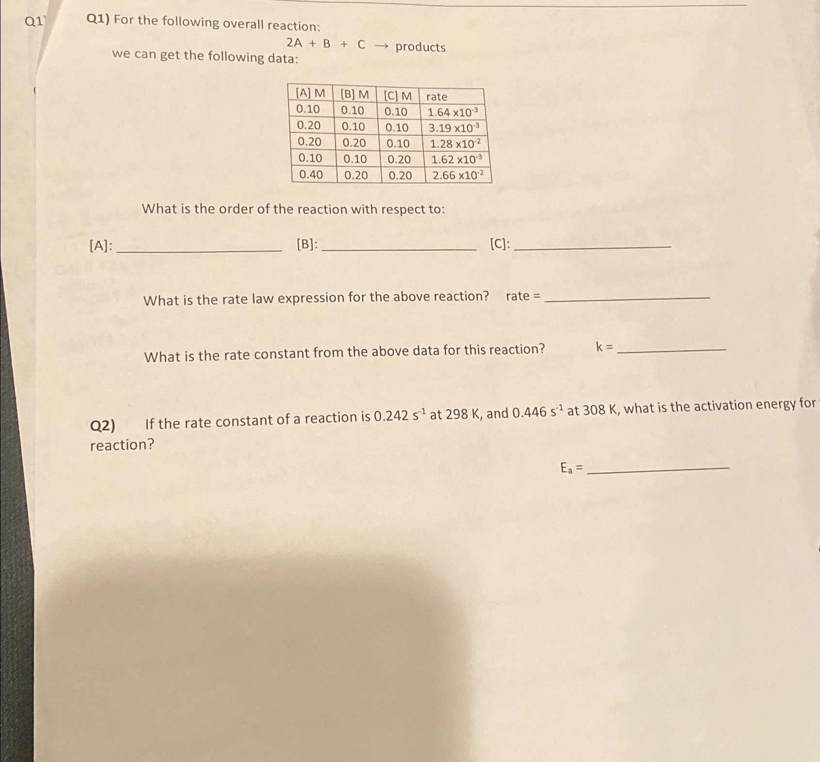 Solved Q1Q1) ﻿For the following overall reaction:2A+B+C→ | Chegg.com