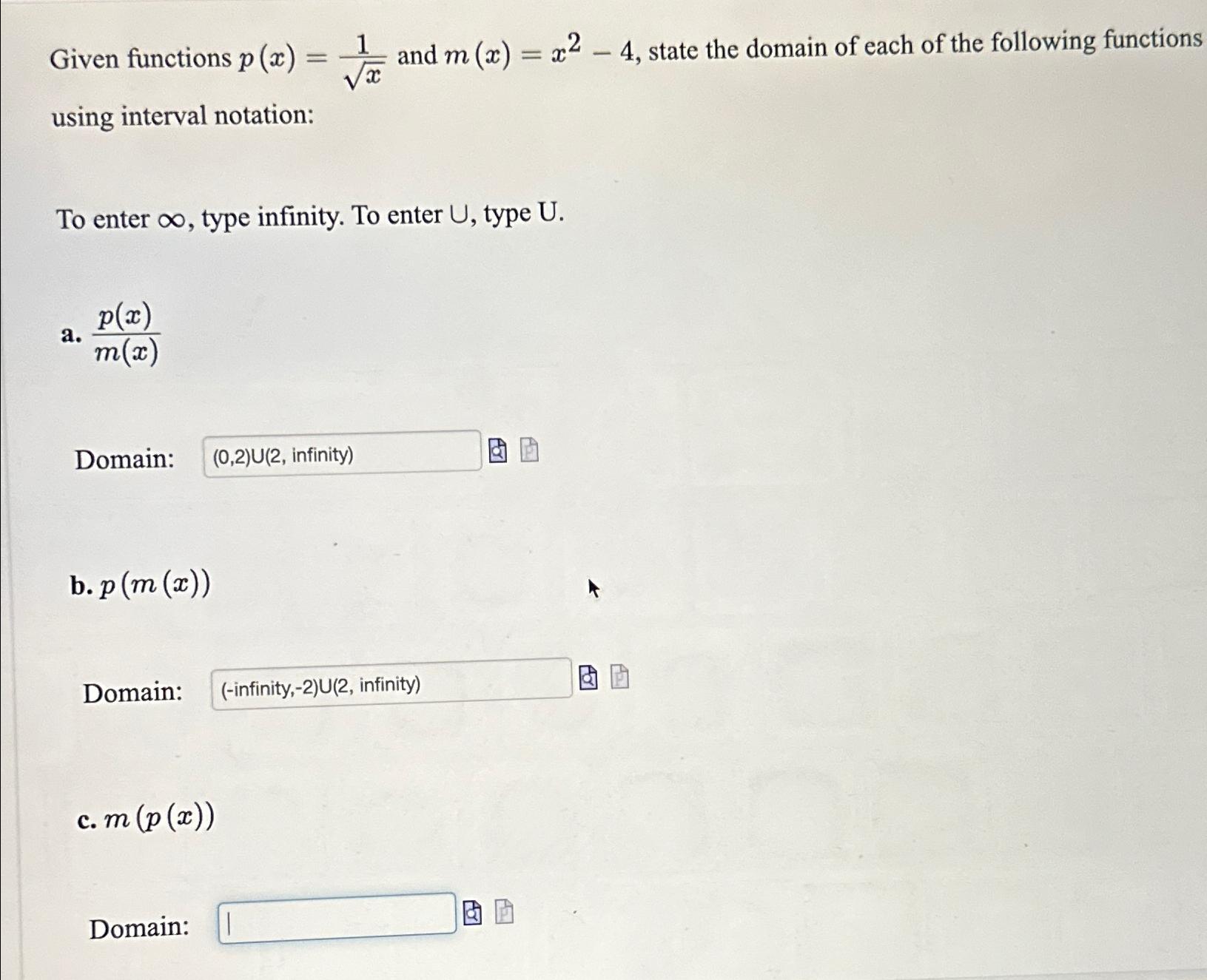 Given functions p(x)=1x2 ﻿and m(x)=x2-4, ﻿state the | Chegg.com